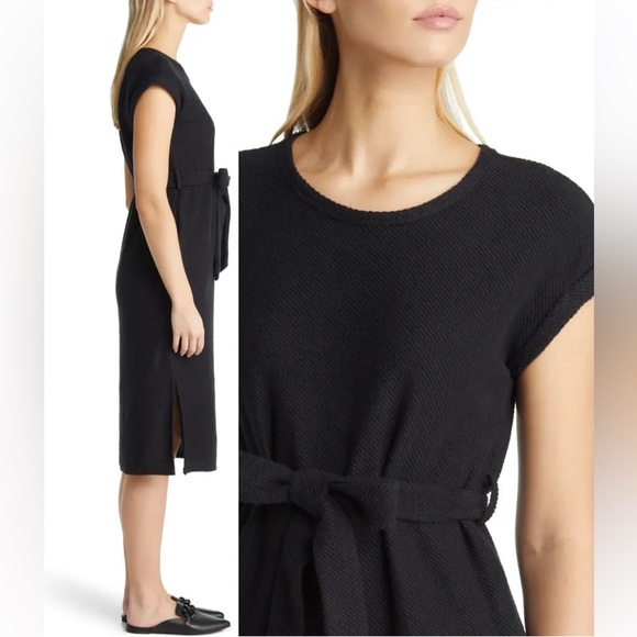 Caslon | Dresses | Caslon Flawless Textured Knit Trim Tie Waist Cotton Blend Cap Sleeve Midi ...